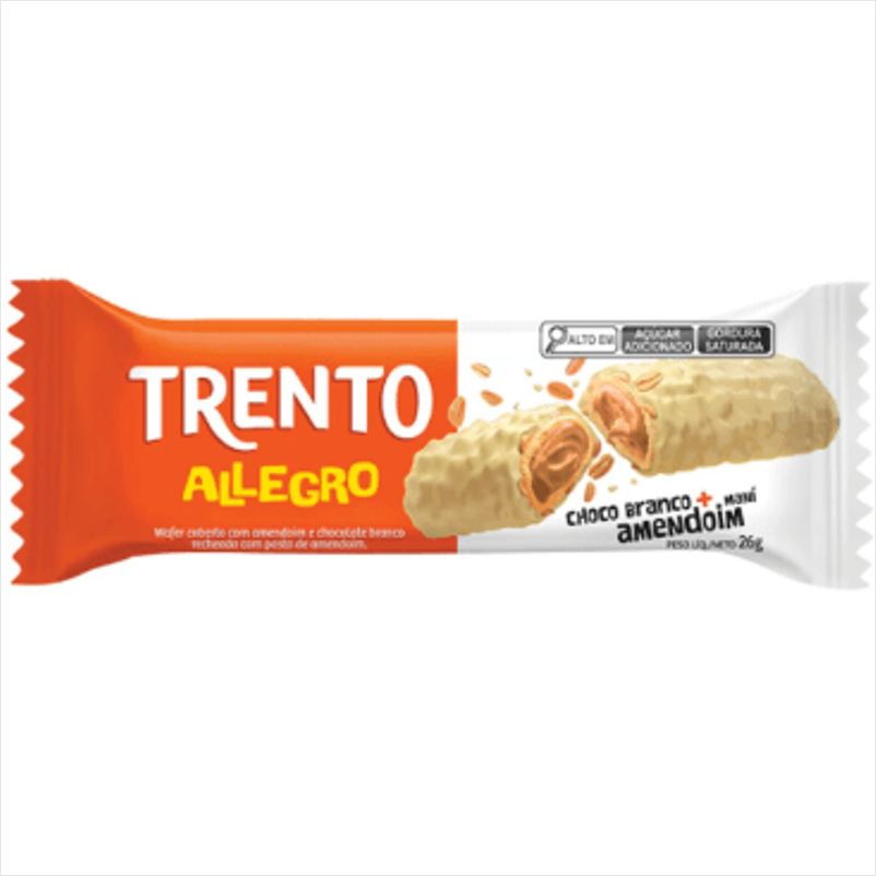 Wafer Choco Branco com Amendoim Trento Allegro Pacote 26g Wafer Choco Branco com Amendoim Trento Allegro Pacote 26g